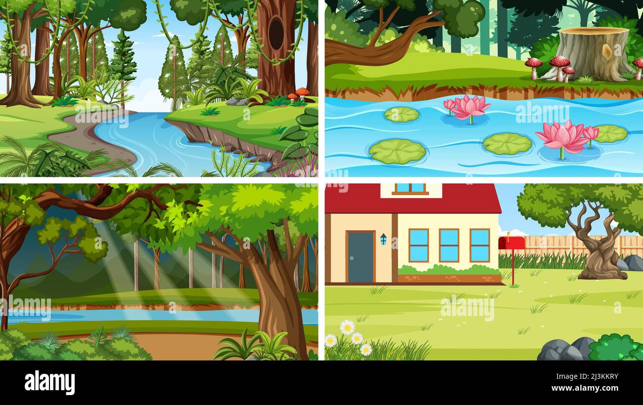 Nature scene with many trees and pond illustration Stock Vector Image ...