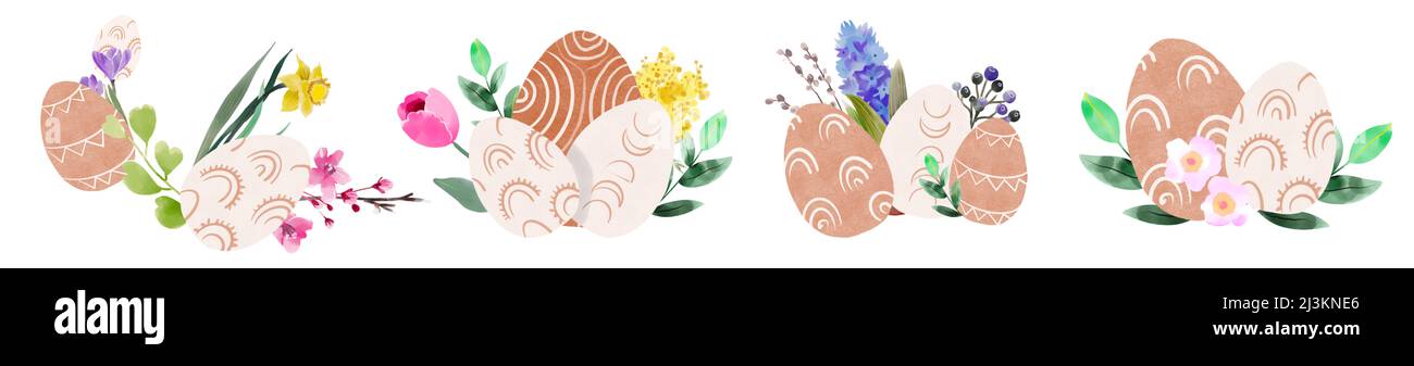 Set of easter boho eggs on an isolated white background, floral design ...