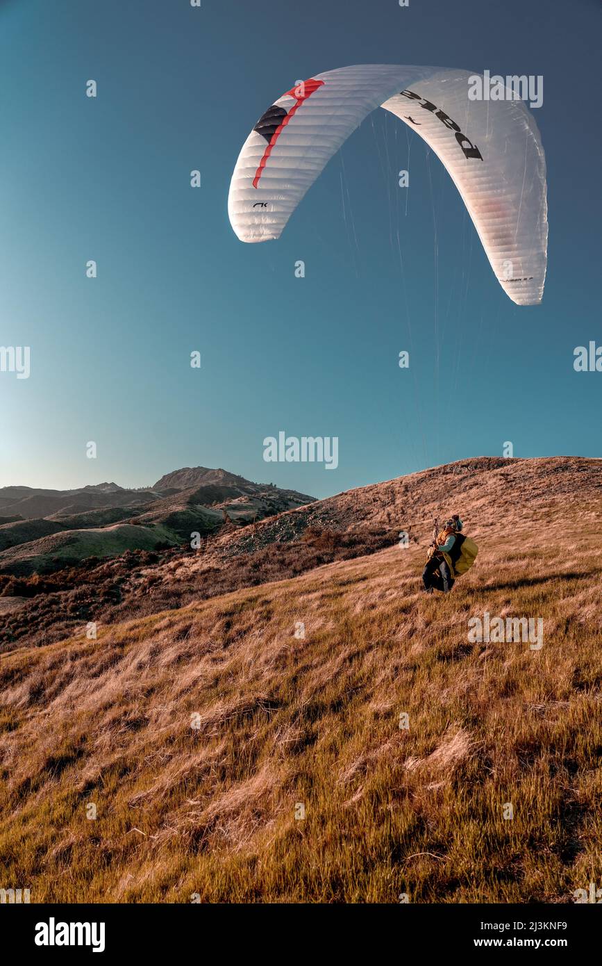 Paraglider pilot playing with his wing; San Ynez Valley, California ...
