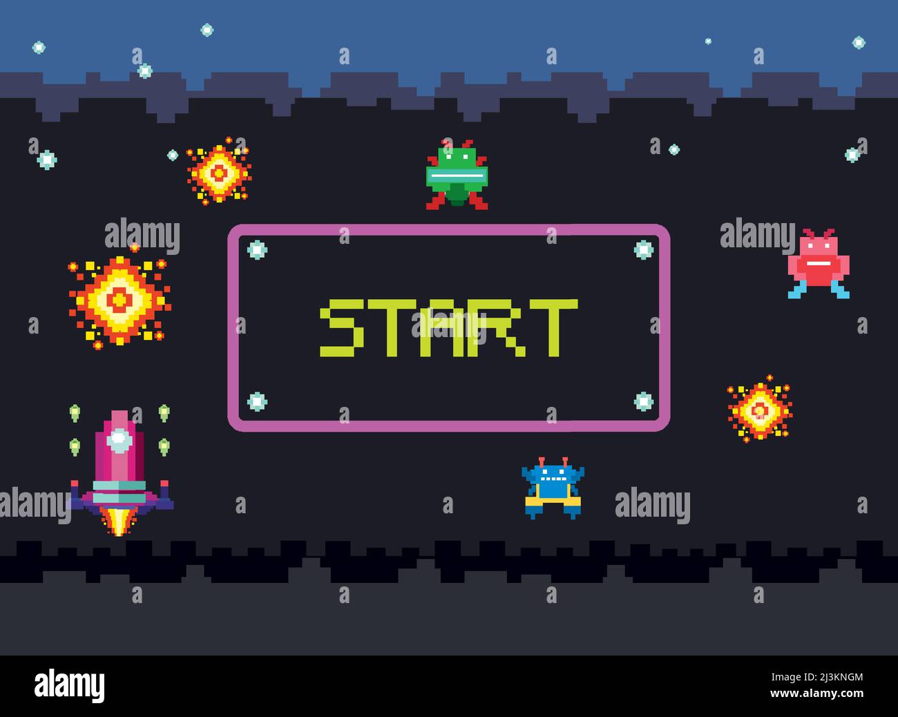 Pixel space game interface with start button illustration Stock Vector ...