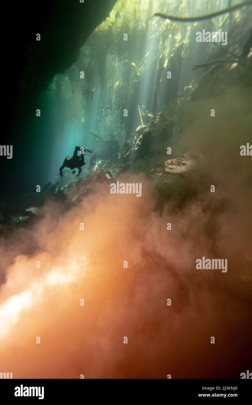 Silhouette of a cave diver exploring a limestone passage with a cloud ...
