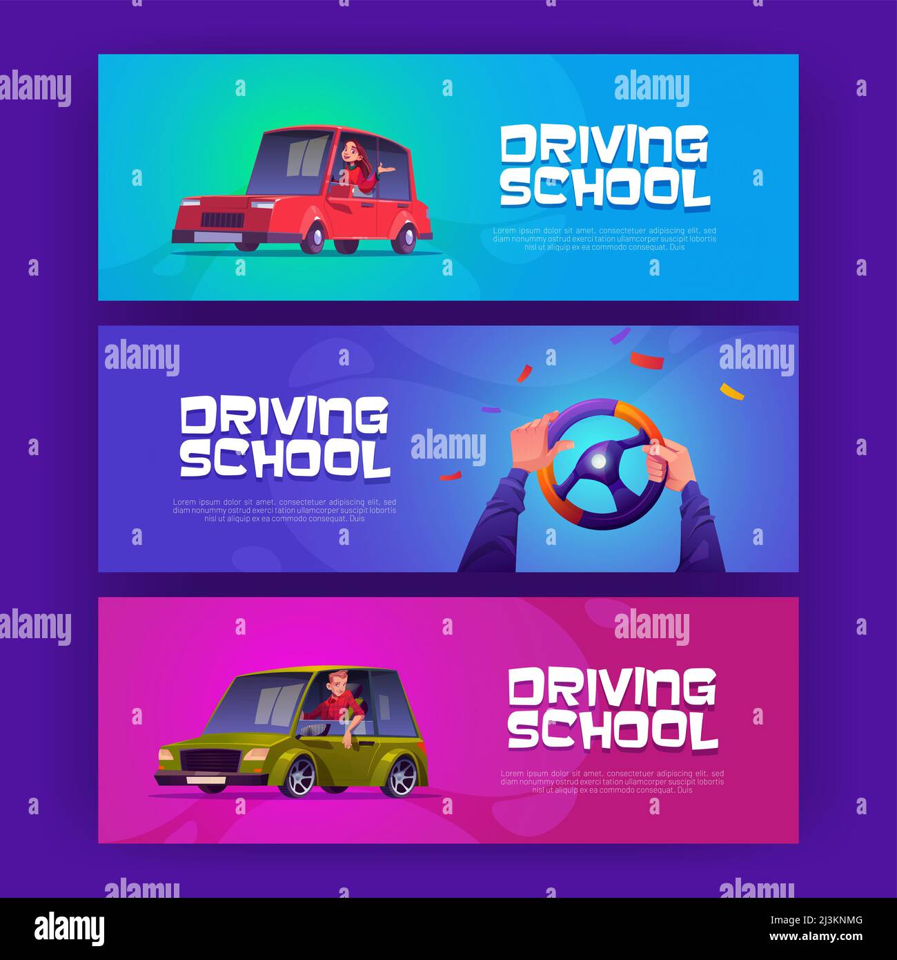 Driving school posters with man and woman sitting in cars. Vector ...