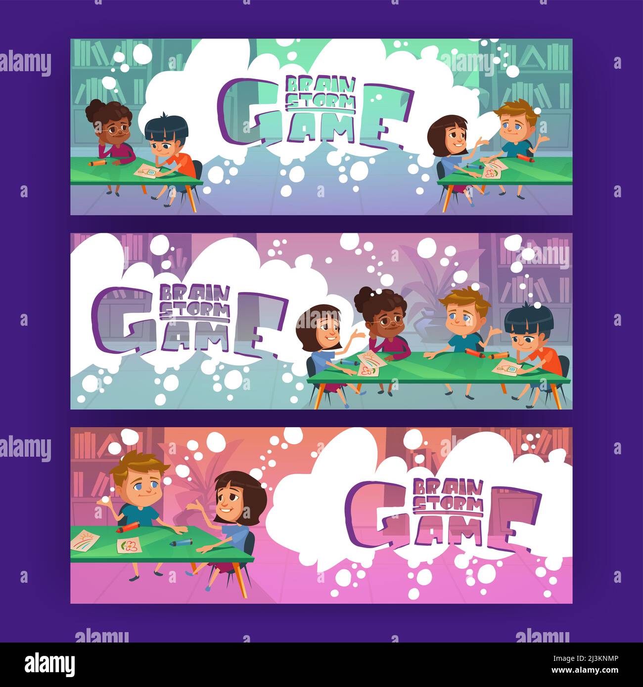 Brainstorm game banners with kids thinking together and dispute. Vector ...