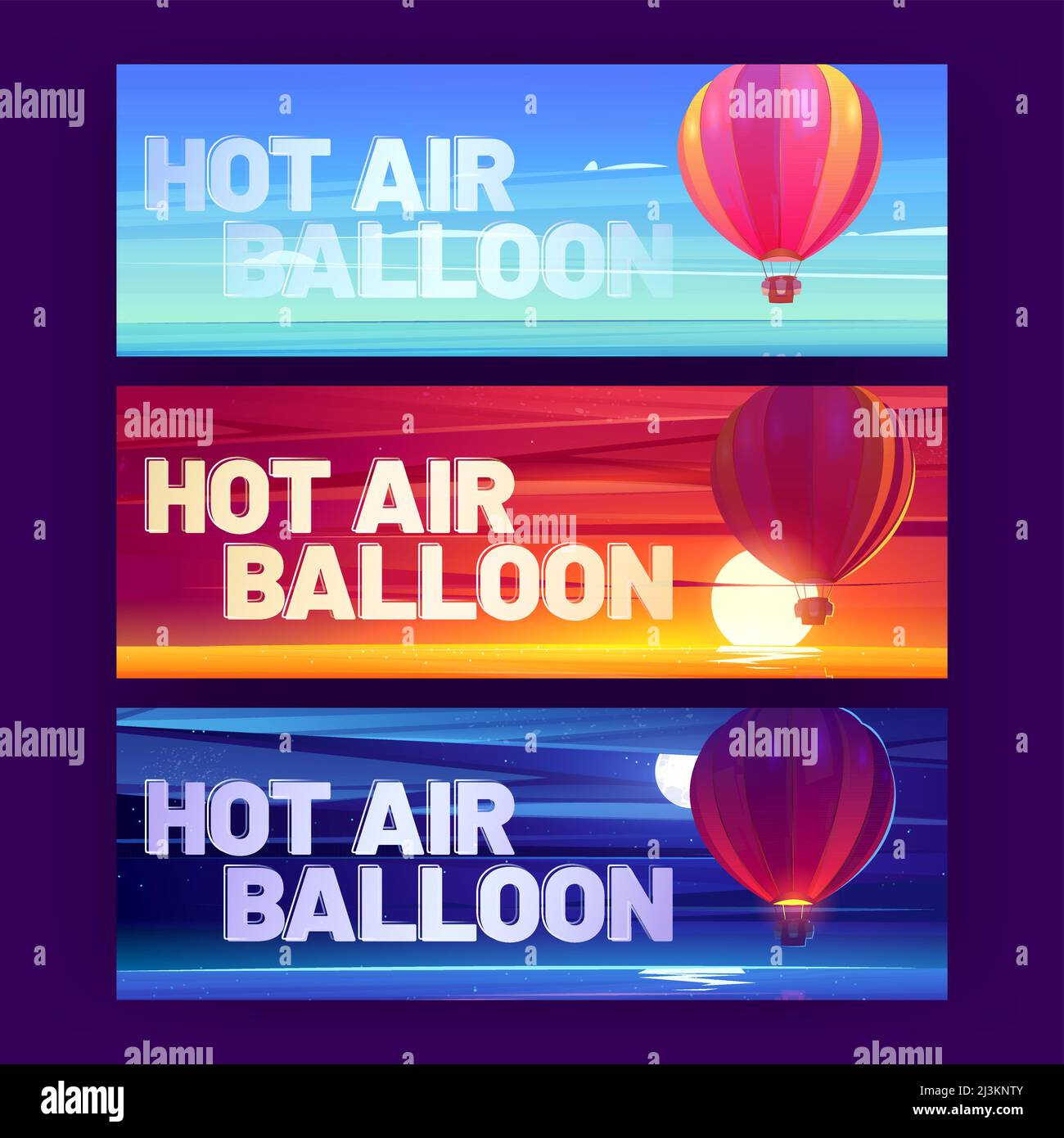 Banners with hot air balloon fly above water surface at sunset, night ...