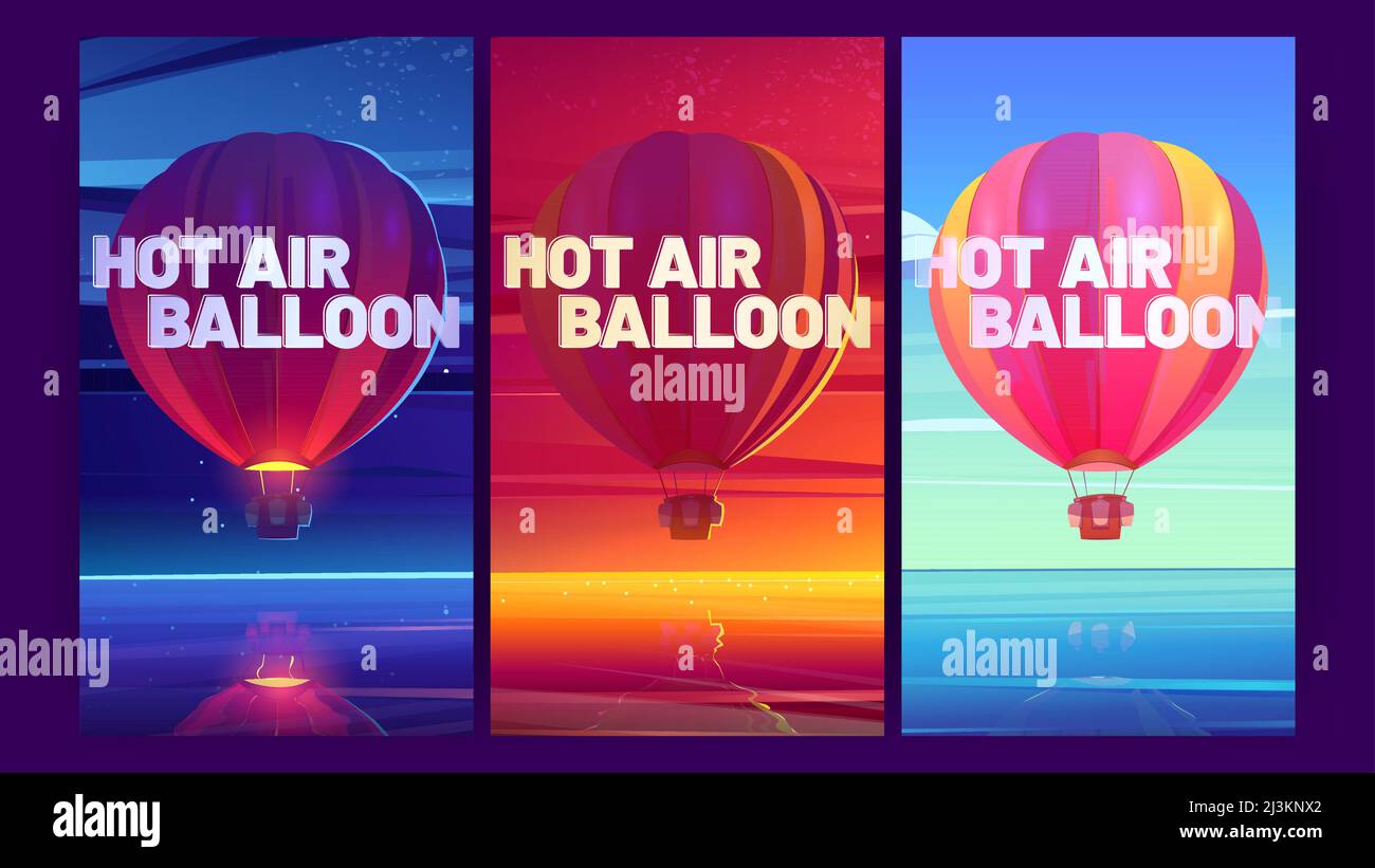 Posters with hot air balloon fly above sea or lake at night, sunset and ...