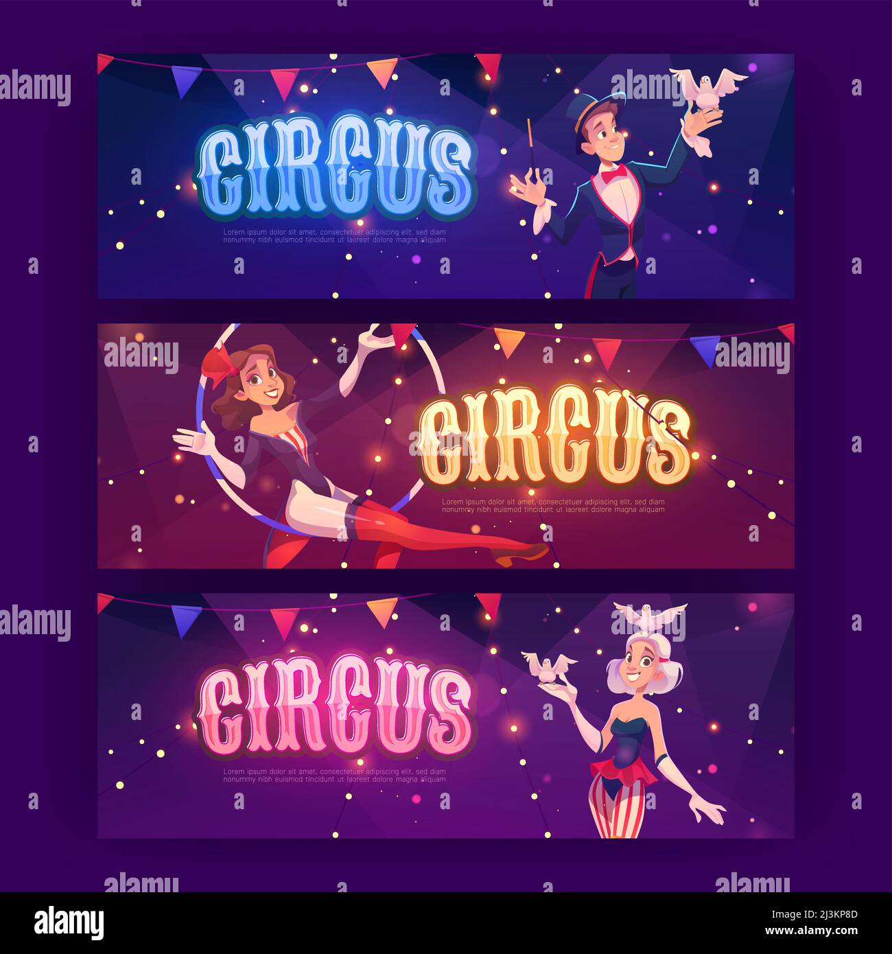 Circus posters with magician, aerial gymnast and woman assistant ...