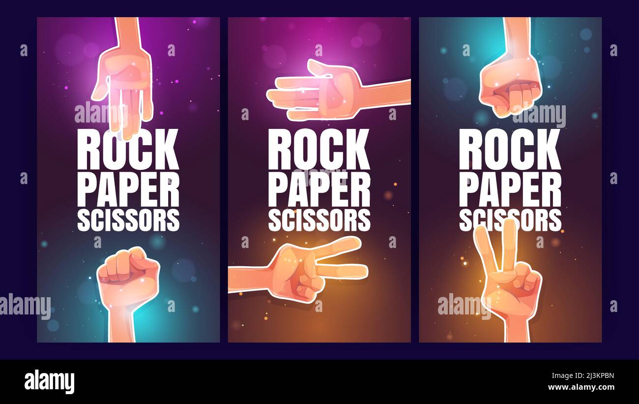 Rock, paper, scissors banners with hand gestures. Vector vertical ...