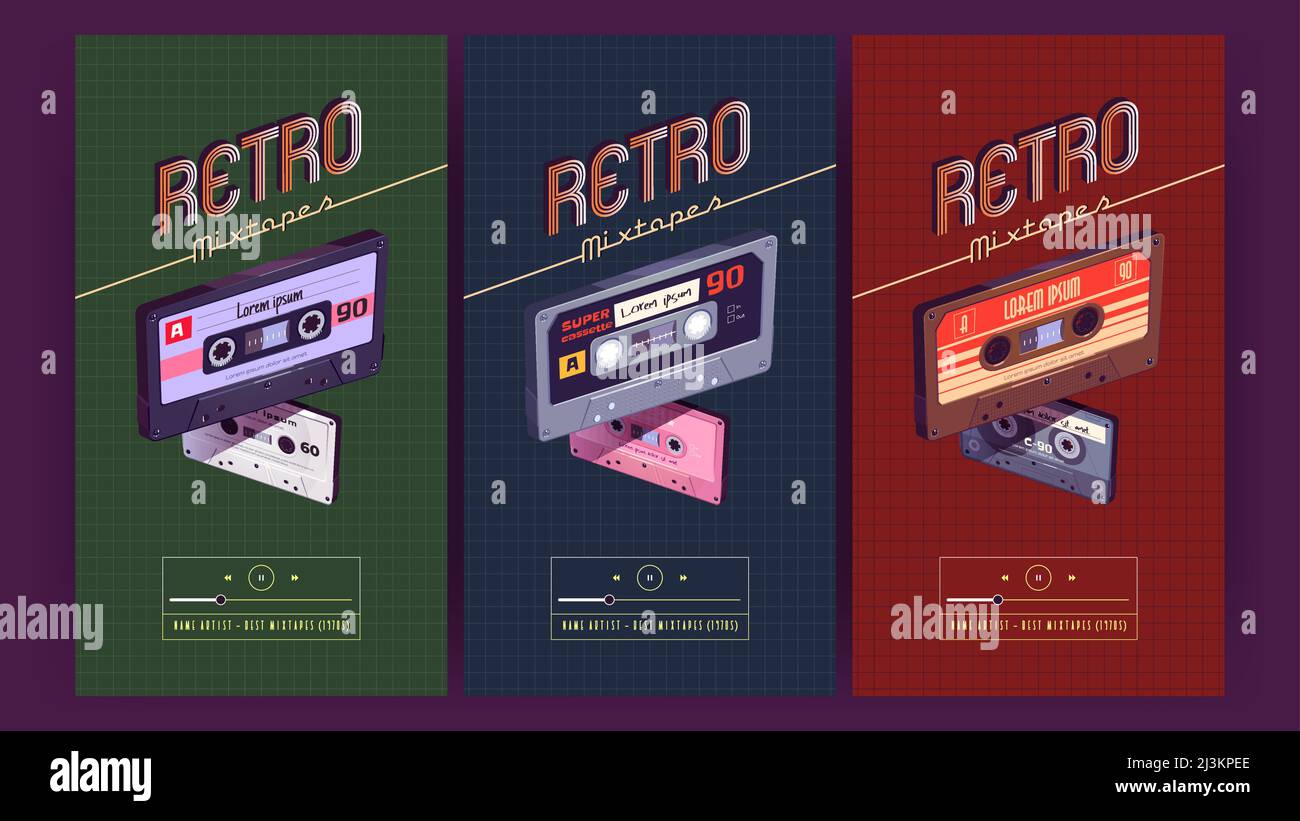 Retro mixtapes posters with old audio cassettes. Vector vertical ad ...