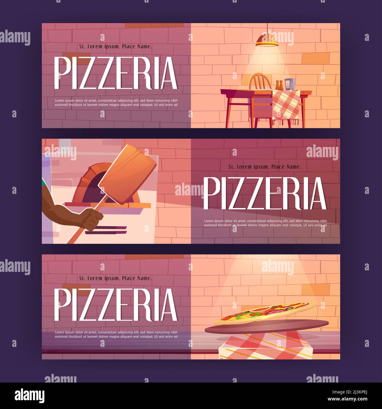 Pizzeria posters with restaurant interior, pizza, oven and scapula ...