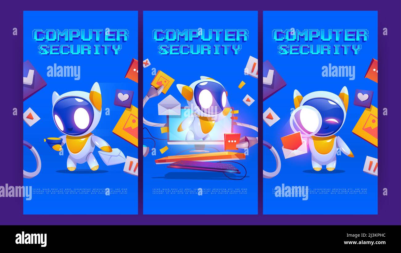 Computer security cartoon posters, cute bot on computer monitor screen ...