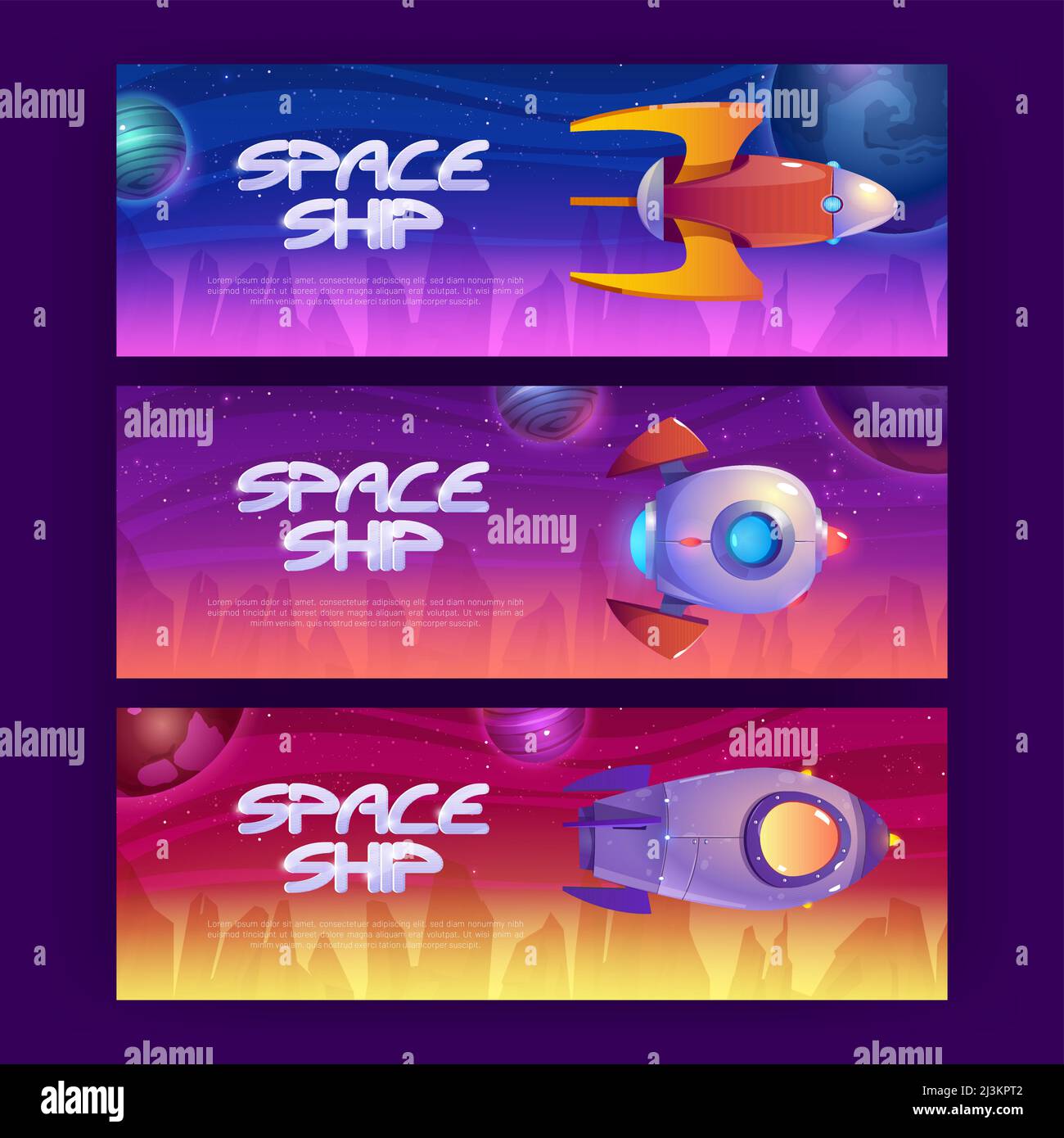 Space ship cartoon banners with rockets flying in cosmos with alien ...