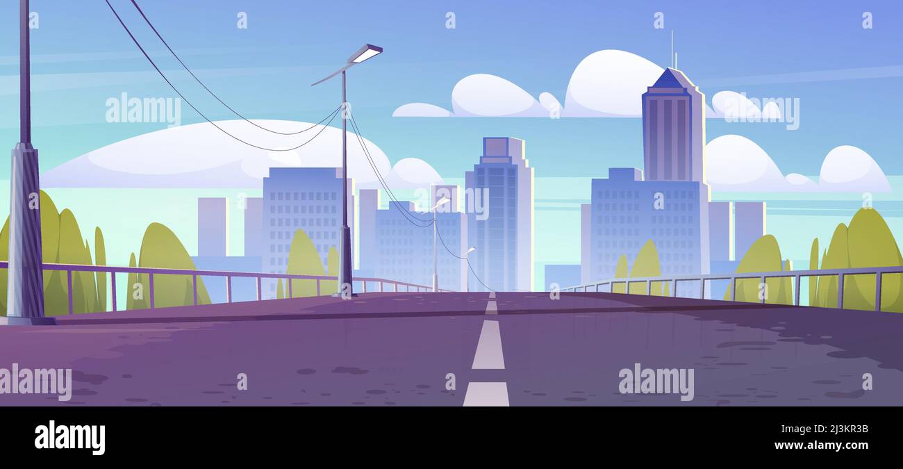 City skyline view from bridge, metropolis cityscape. Street lamps and ...