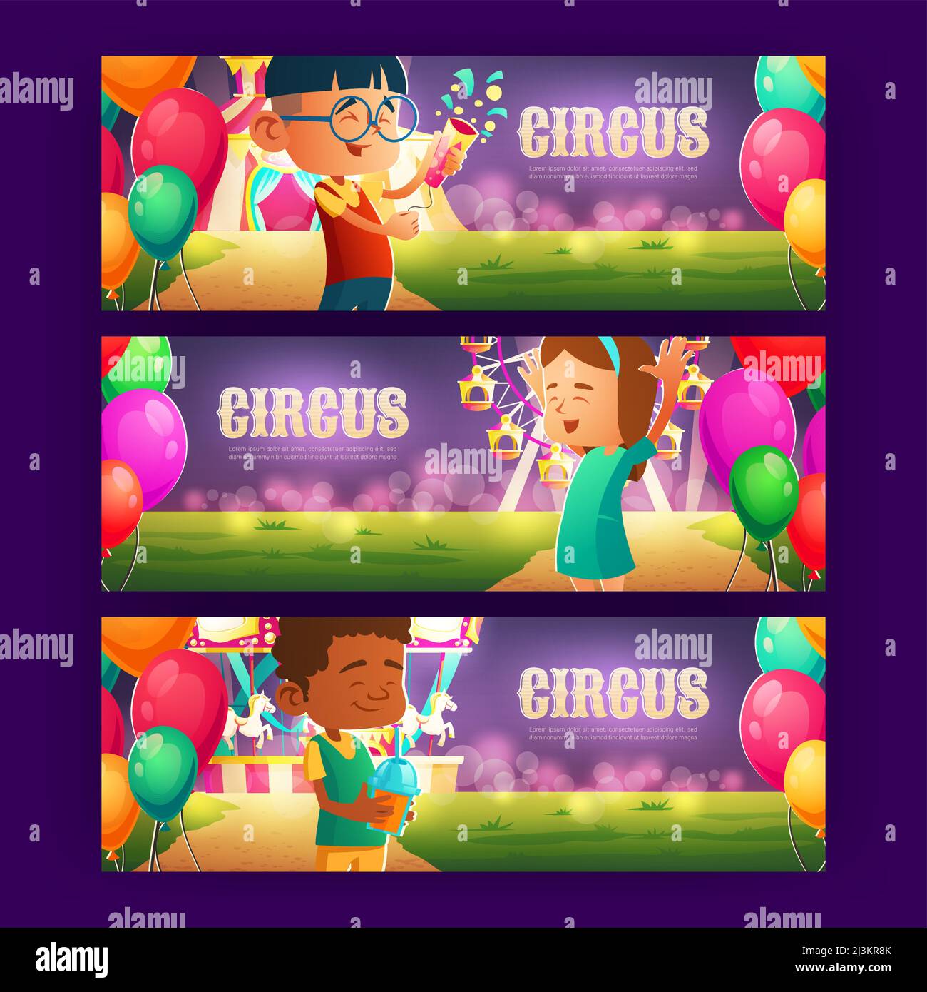 Happy kids in carnival funfair at night. Amusement park with circus ...