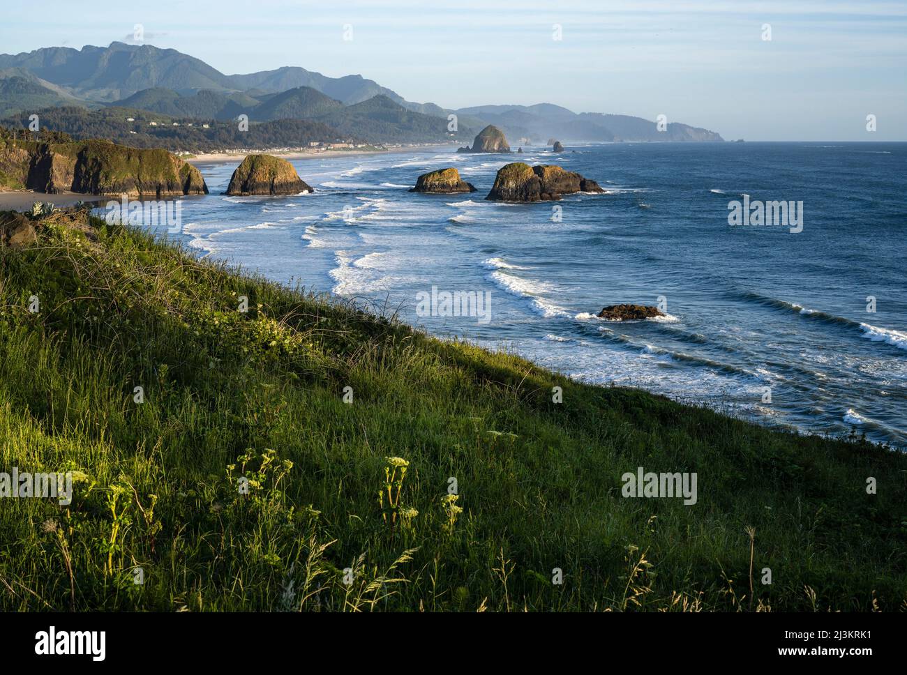 Meadows and seastacks are seen at Chapman Point in Ecola State Park ...
