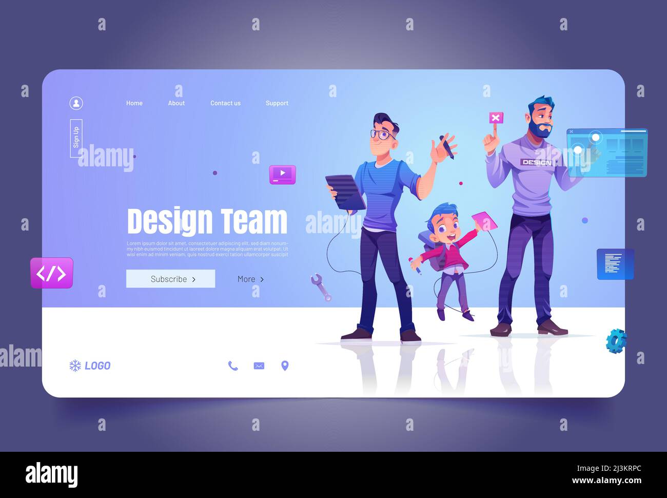 Design team cartoon landing page, designers adults and little schoolboy ...