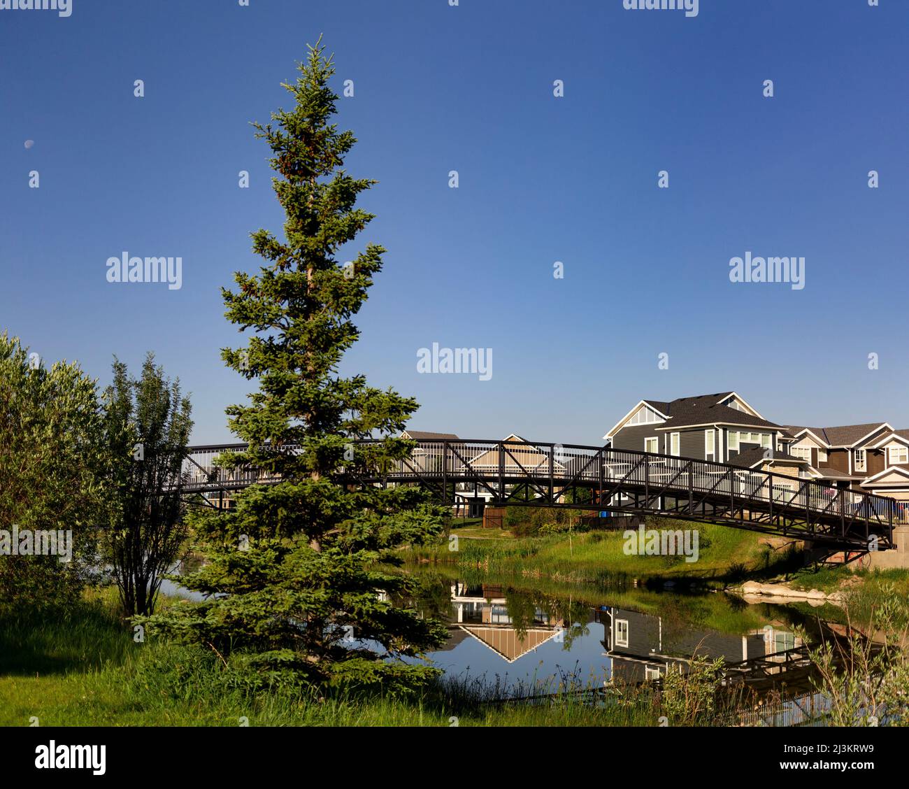 Footbridge over neighbourhood pond; Airdrie, Alberta, Canada Stock ...