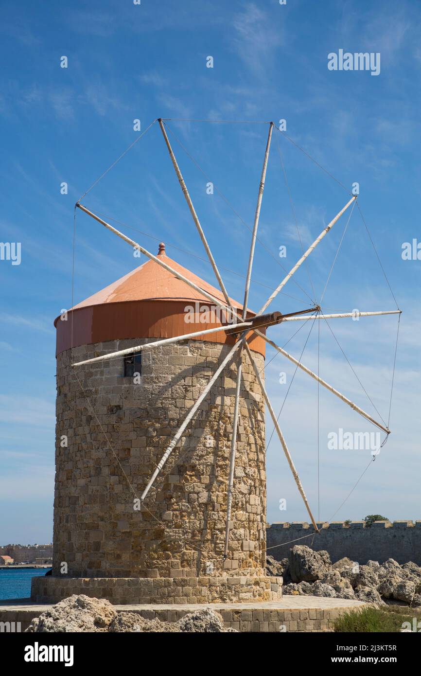 Windmills of Mandraki in the Mandraki harbour; Rhodes, Dodecanese ...