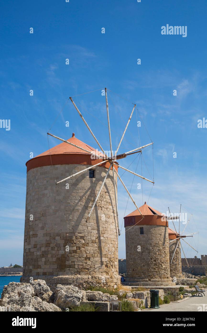 Windmills of Mandraki in the Mandraki harbour; Rhodes, Dodecanese ...
