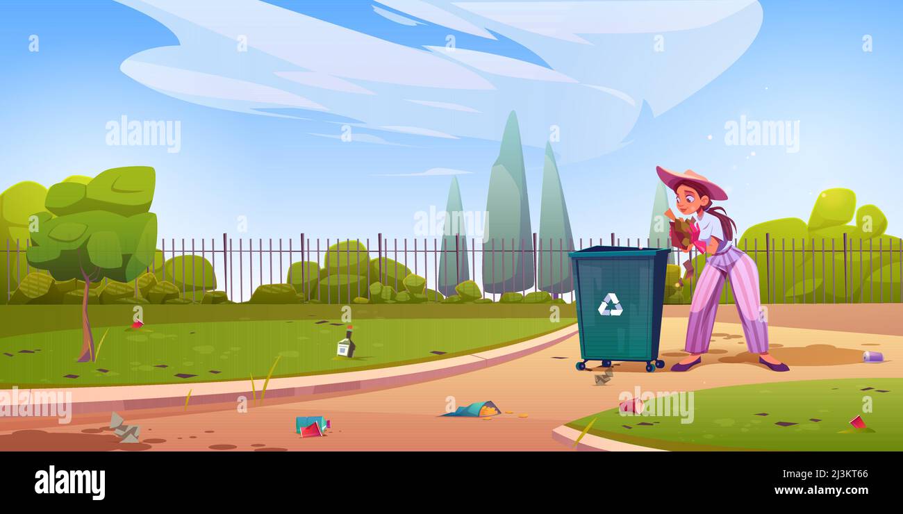 Volunteer clean up city park, girl collect garbage in public garden and ...