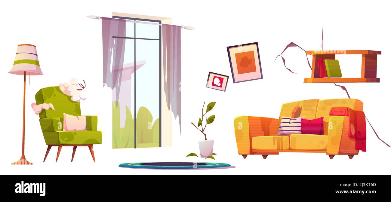 Old living room furniture, dirty and broken sofa and chair. Vector ...