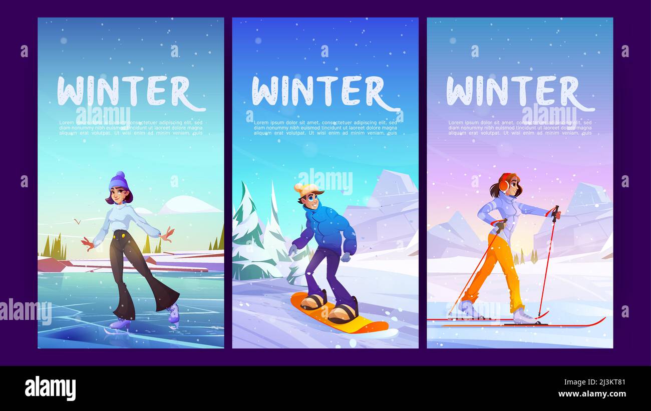 Winter sport cartoon posters with people enjoying skiing, skating and ...