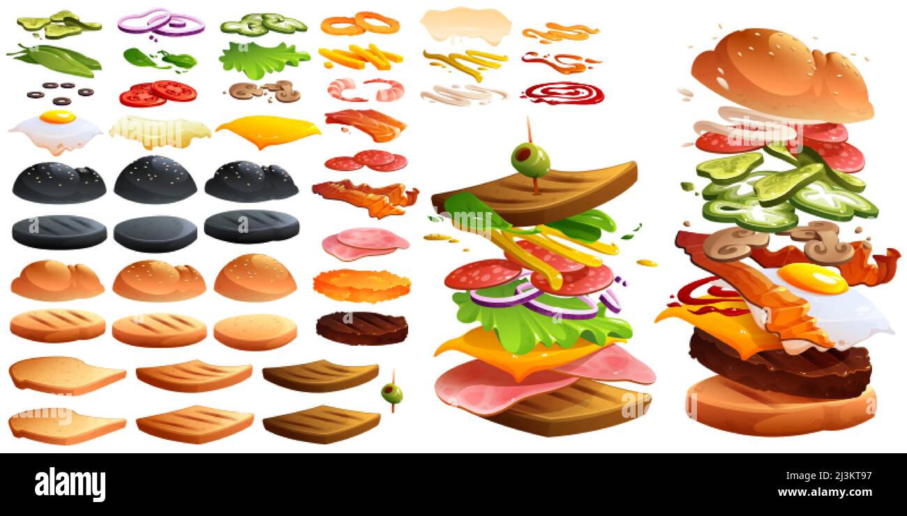 Flying burger and sandwich and ingredients. Fastfood constructor with ...