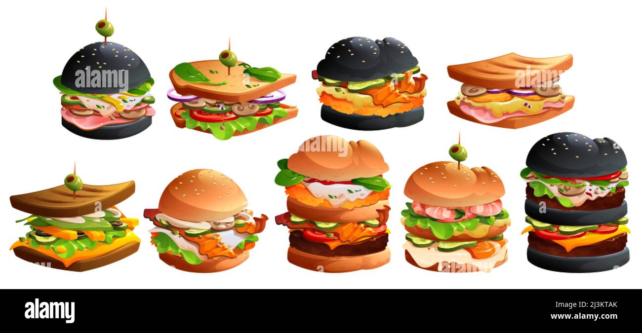 Set of burgers with cheese, meat, bacon and vegetables. Isolated vector ...