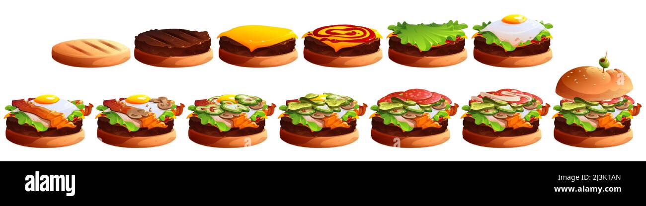 Burger cooking stages. Hamburger layers with bun, beef patty, cheese ...
