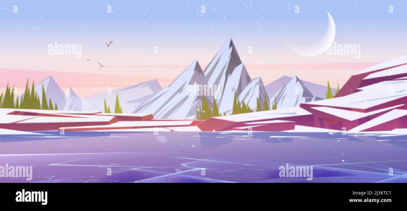 Winter landscape with frozen lake and mountains at early morning ...