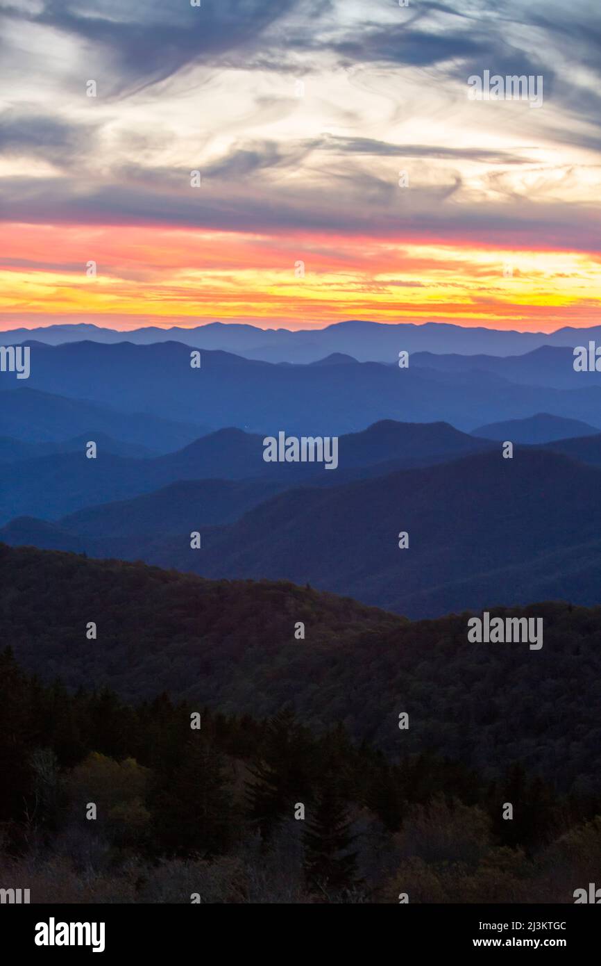 Blue Ridge Mountain ridgelines are visible at sunset; North Carolina ...