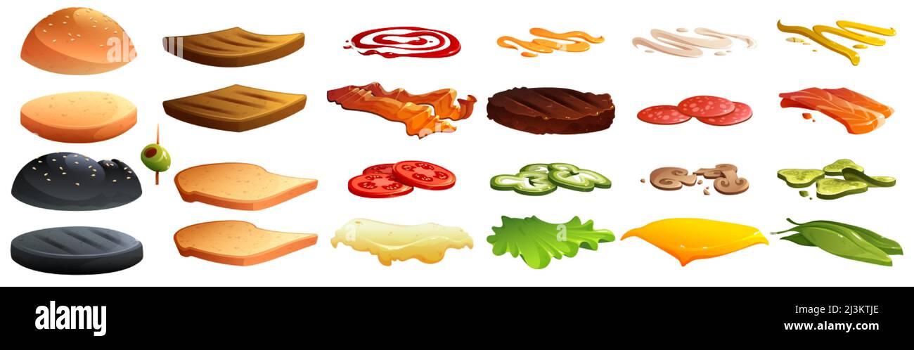 Burger and sandwich constructor with buns, bread toasts, cheese ...