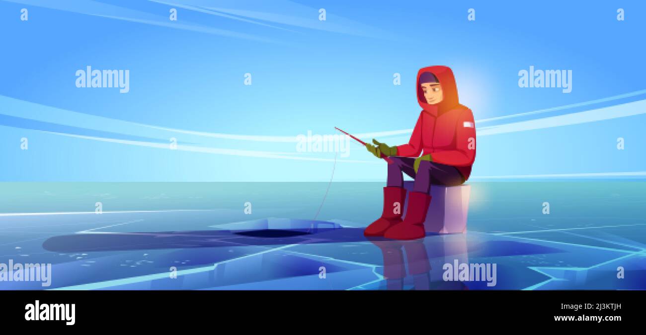 Man on ice fishing on frozen lake. Vector cartoon illustration of ...