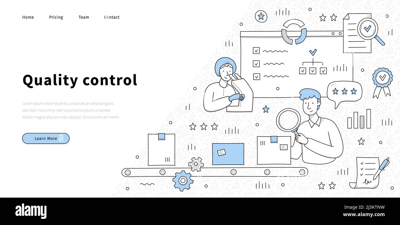 Quality control doodle landing page. Inspectors testing production on ...