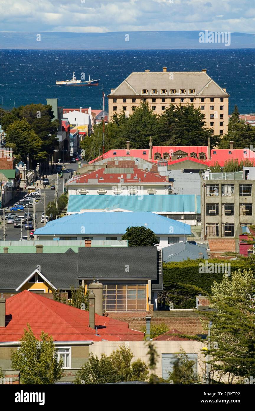 The Cerro Mirador viewpoint, across Punta Arenas to the Magellan Strait ...