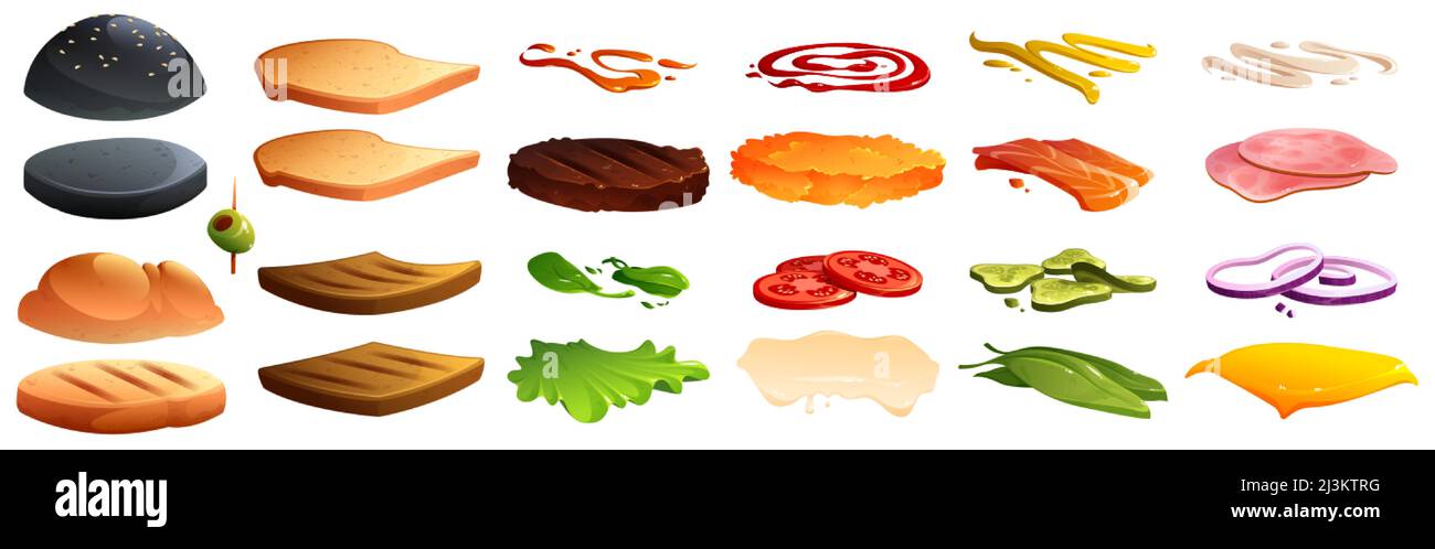 Burger and sandwich constructor with buns, beef and chicken patty ...