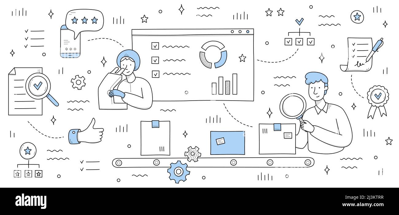 Quality control background with doodle checklist, guarantee badge ...