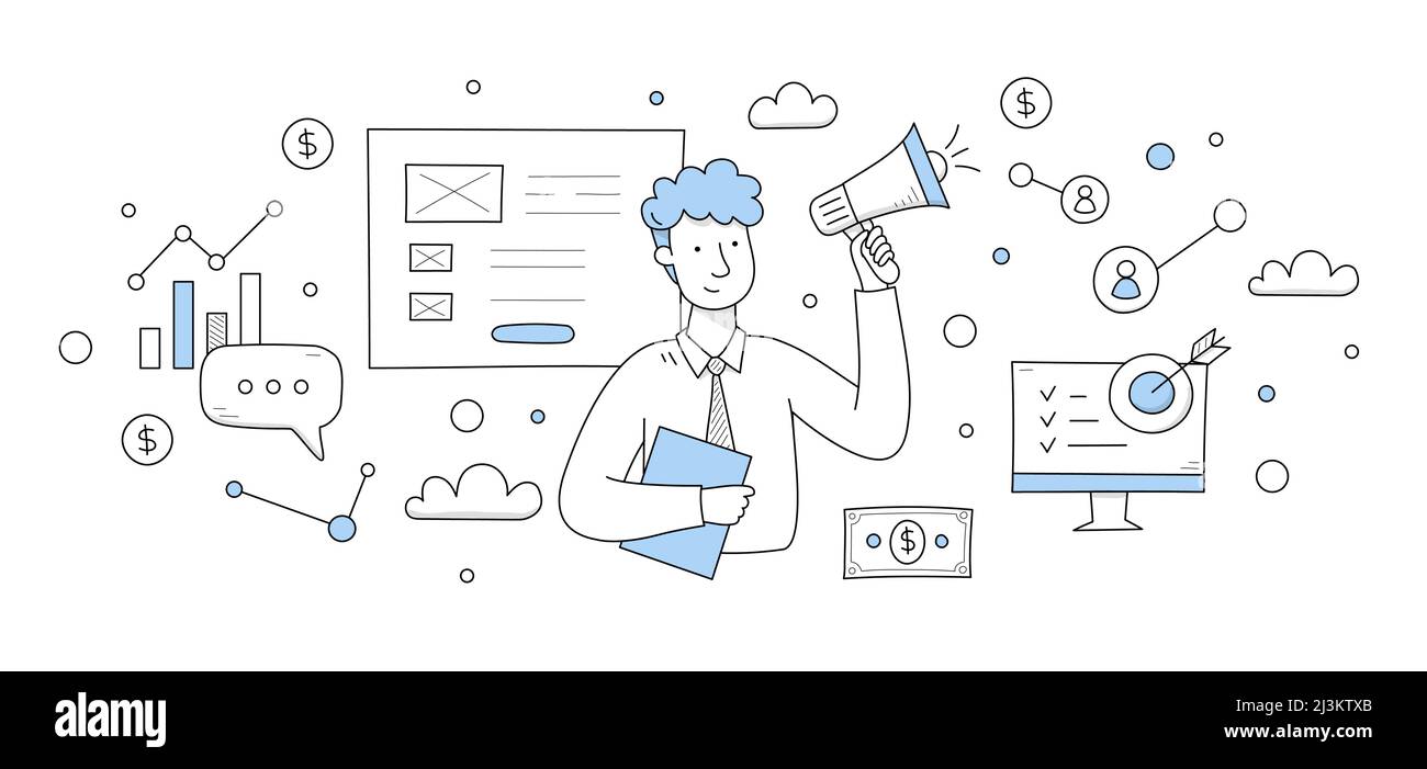 Digital marketing concept with doodle illustration of man with ...