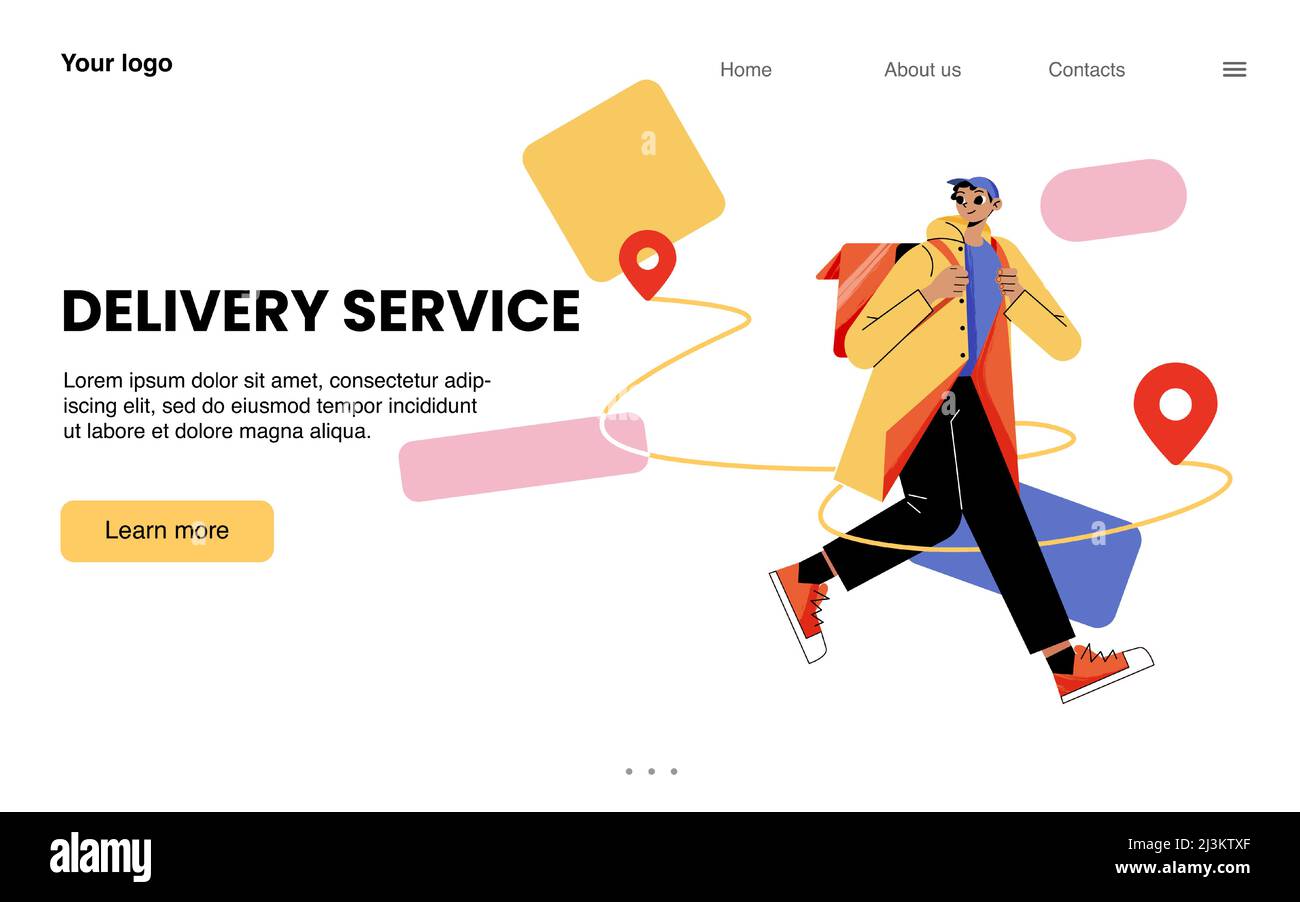 Delivery service banner with man courier with backpack and map points ...