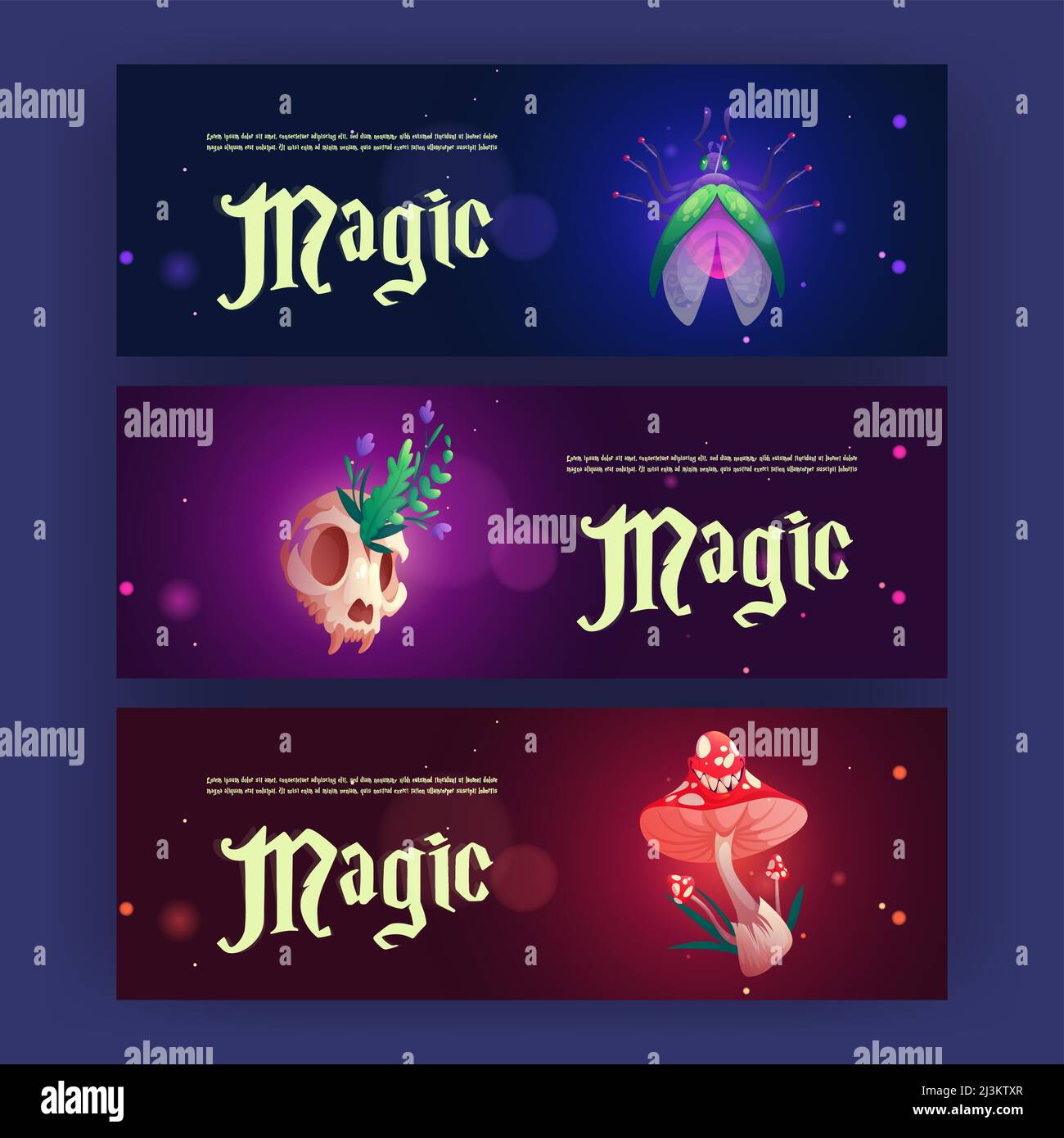 Cartoon magic banners with witch or wizard esoteric items pinned fly ...