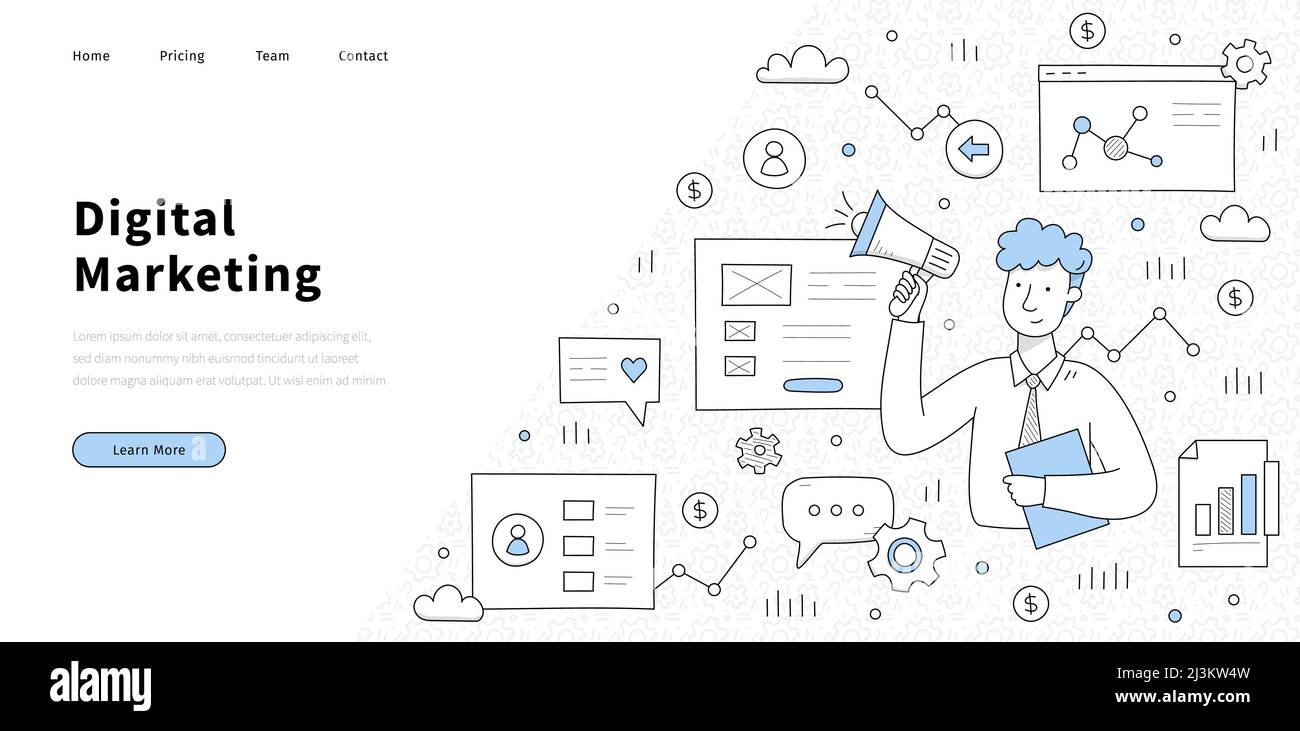 Digital marketing banner with businessman with megaphone, website ...