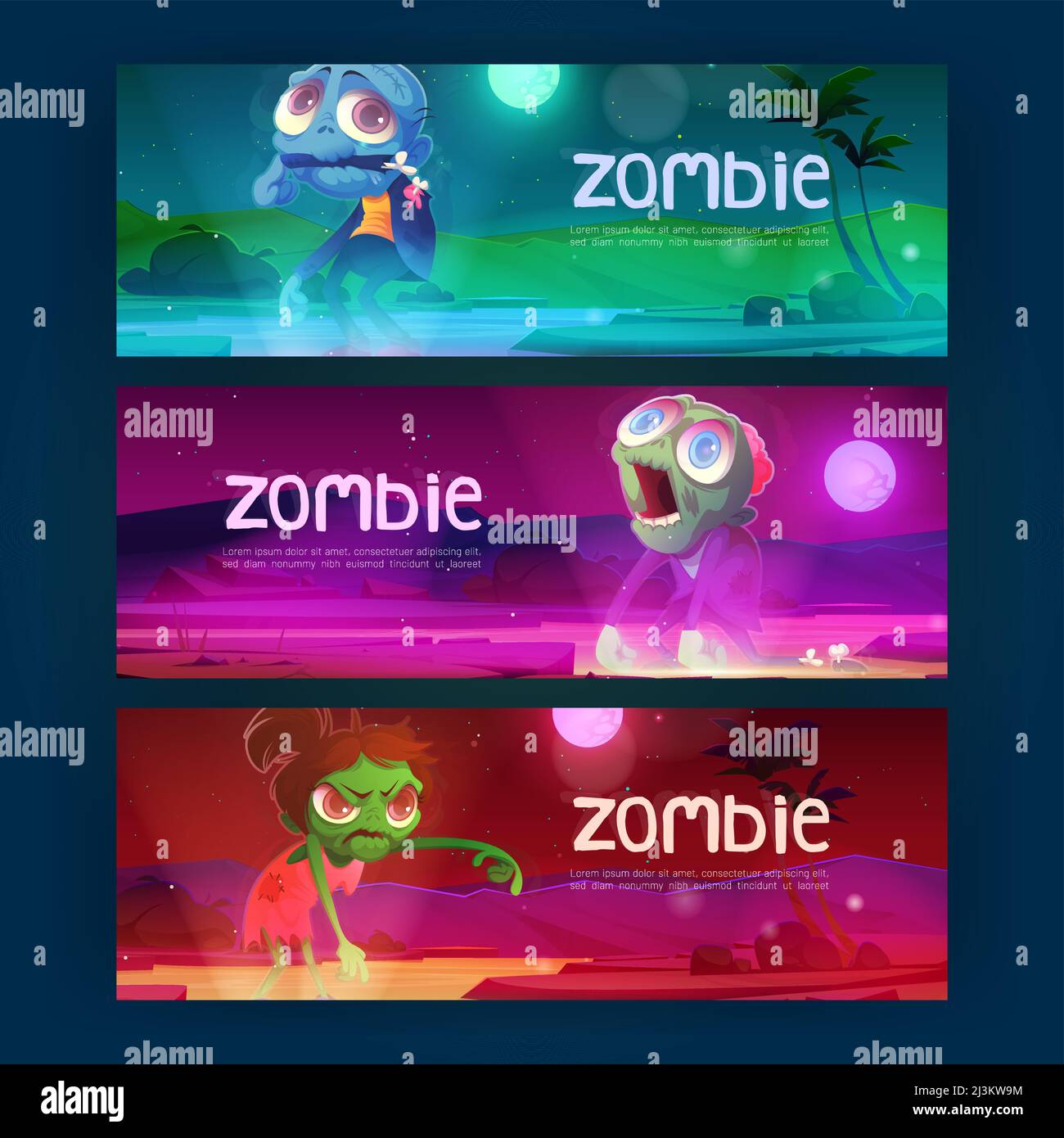 Cartoon banners with funny zombie characters walking at night ...