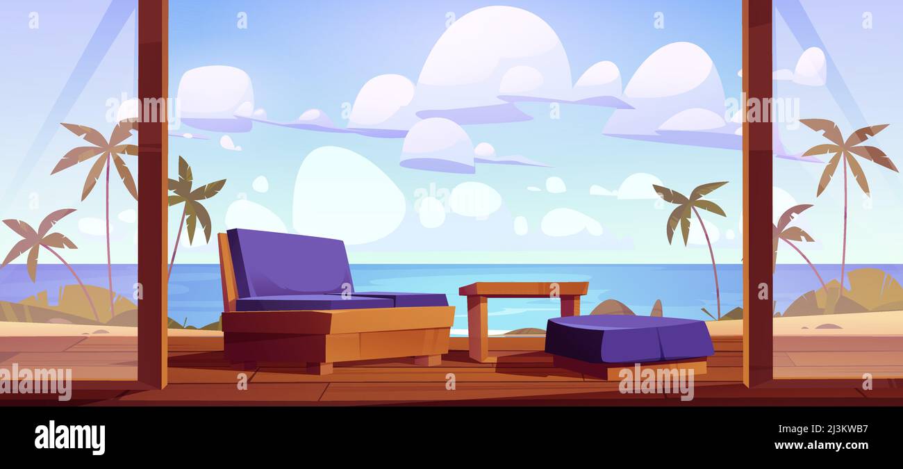 Tropical sea beach with wooden terrace with table and couch. Vector ...