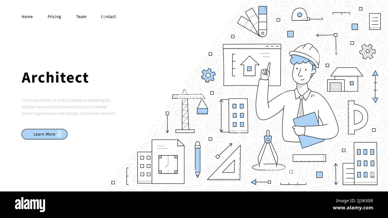 Architect banner with man engineer in helmet and icons of construction ...