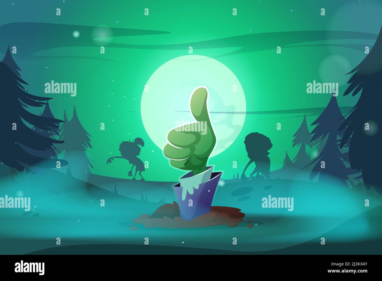 Creepy Halloween illustration with zombie hand showing thumb up out ...