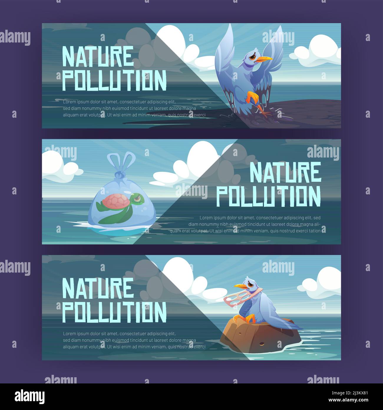 Nature pollution cartoon banners. Wild animals suffer of plastic ...