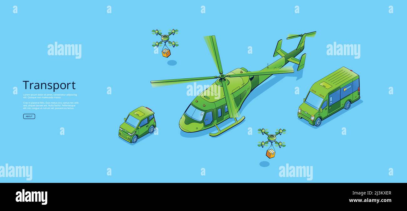 Transport poster with isometric helicopter, mini van, small car and ...