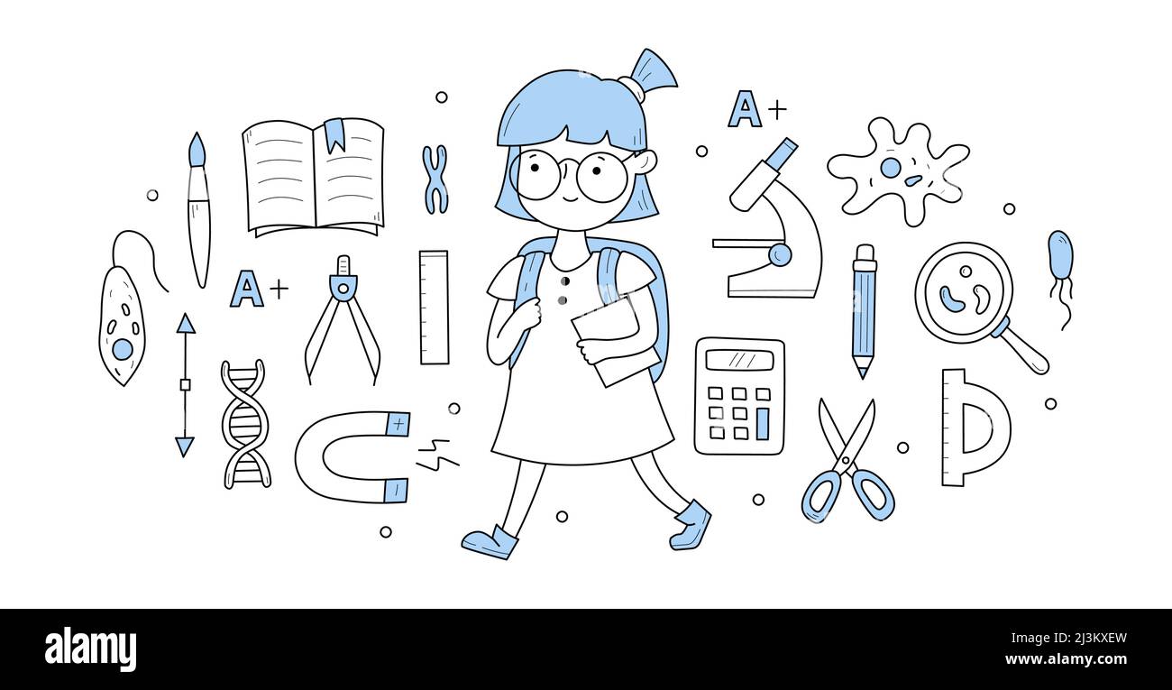 Back to school doodle concept. Student girl with backpack and textbook ...