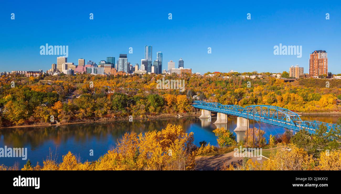 View of the Downtown Edmonton skyline and autumn colours of the river ...