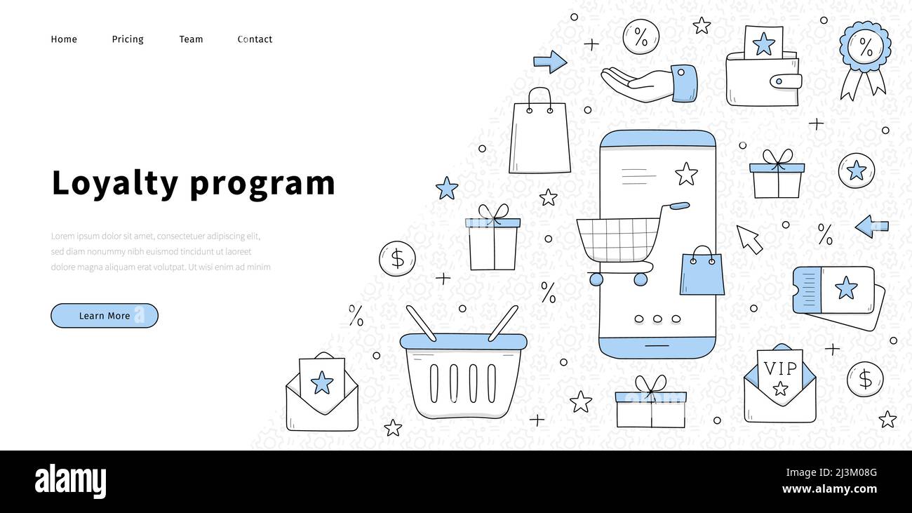 Loyalty program banner with doodle gift boxes, mobile phone, shopping ...