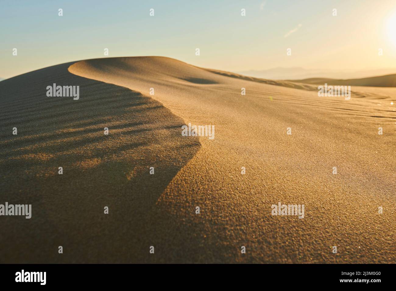 Rippled sand dunes in sunset light, Ebro River Delta; Catalonia, Spain ...